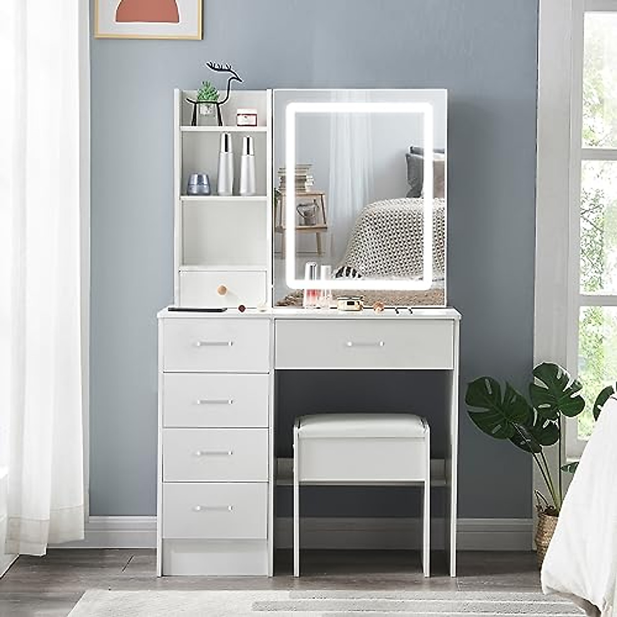 Large Vanity Table Makeup Vanity with LED Lights and Mirror, White Vanity Set Dressing Table with Drawers and Stool, Vanity Dresser Desk for Girls Women