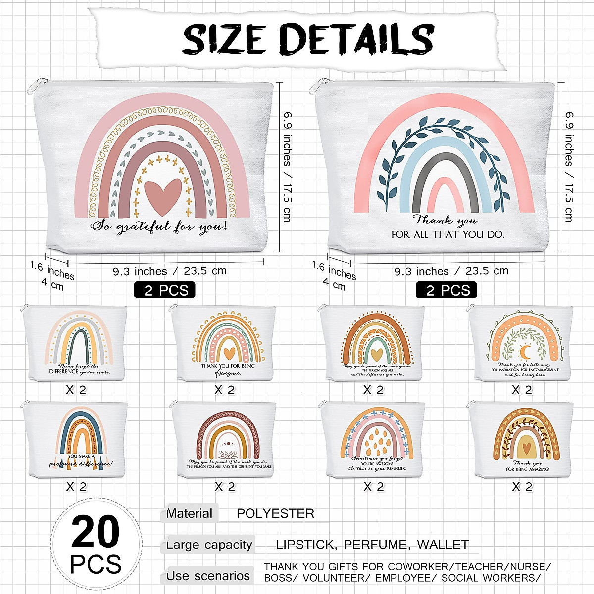 Sieral 20 Pcs Canvas Makeup Bags Bulk Inspirational Cosmetic Bag Pouch with Zipper for Women Employee Appreciation Thank You Gifts for Coworker Staff Medical Assistant Nurse(Rainbow)