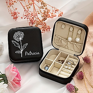 Custom Birthday Flower Jewelry Storage Box, Birth Month Flower Gift Box, Birthday Gift For Women, Leather Jewelry Storage Box Display Box