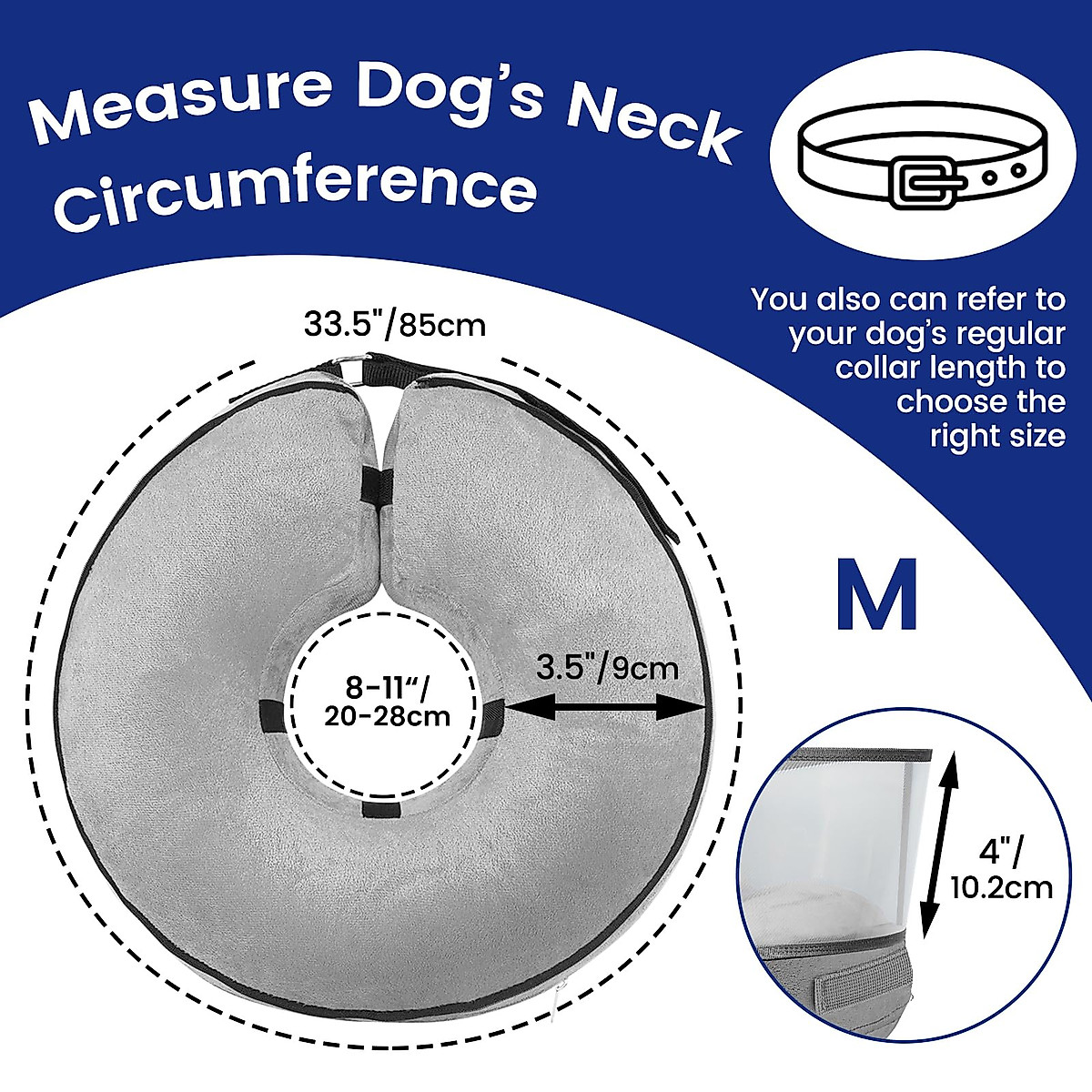 BARKLESS Inflatable Dog Cone Collar, Soft Dog Donut Collar After Surgery, 2-in-1 Dog Cone Alternative with Detachable Anti-Licking Shield, Soft Cone for Dogs Does Not Block Vision, Medium, Grey