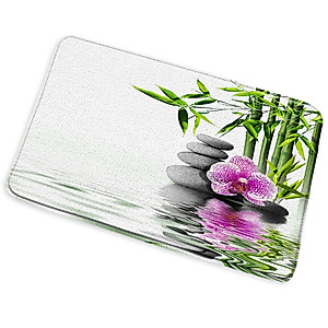 Spa Bathroom Mat Green Bamboo Leaves Stone Purple Flower Meditation Zen Garden Spring Scenery Pattern Flannel Rugs Bath Kitchen Doorway Aisle Cloth Carpet Home Decor 17.71 x 29.52 Inch