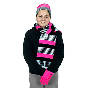 Girl's 3 Piece Knit Hat, Scarf & Gloves Set (Pink-Black), OSFM