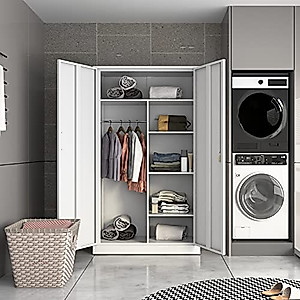 MIIIKO Steel Wardrobe, 72" Combination Storage Cabinet with Clothes Rod and 4 Shelves Organizer Storage, 2 Lockable Doors, for Office Home, Garage, Laundry Room