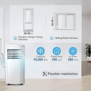 R.W.FLAME 10,000 BTU Portable Air Conditioner with Remote Control, Portable AC Unit for Room Up to 450 Sq.Ft, 3-in-1 Air Conditioner with Digital Display,24Hrs Timer,Installation Kit for Home, White