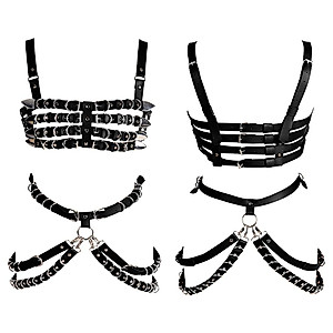 Women's full body harness bra Chest strap Leather Waist belt lingerie cage set Waist belt Punk gothic Dance Photography Rock (Black)