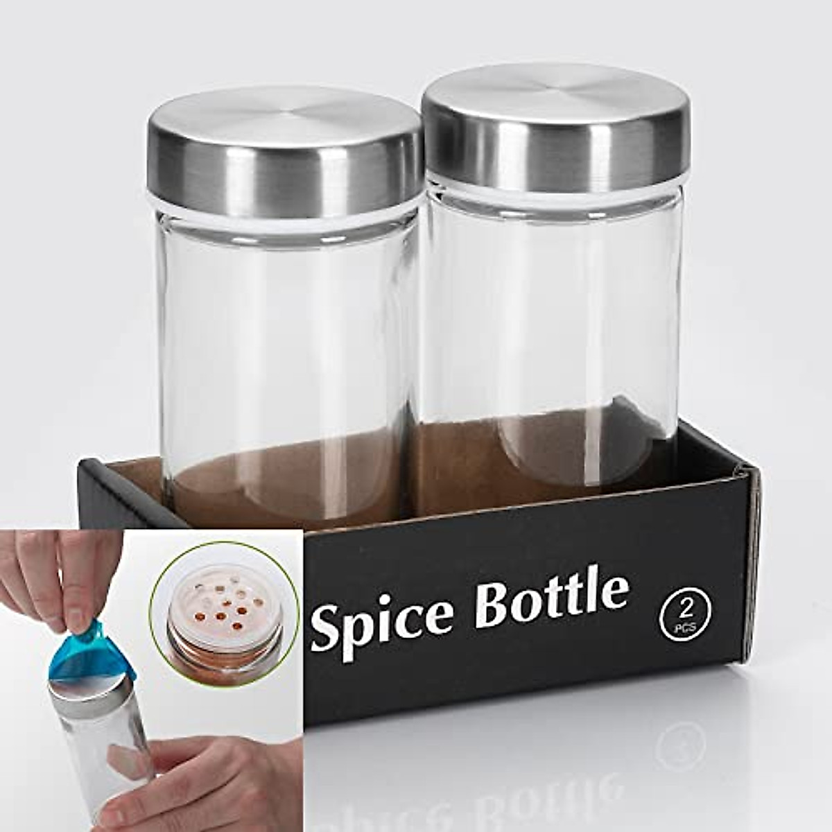 Tianifa 2 Pcs Glass Spice Jars/Bottles - 3oz Empty Round Spice Containers with Airtight Metal Caps with Shaker Lids (2, clear)