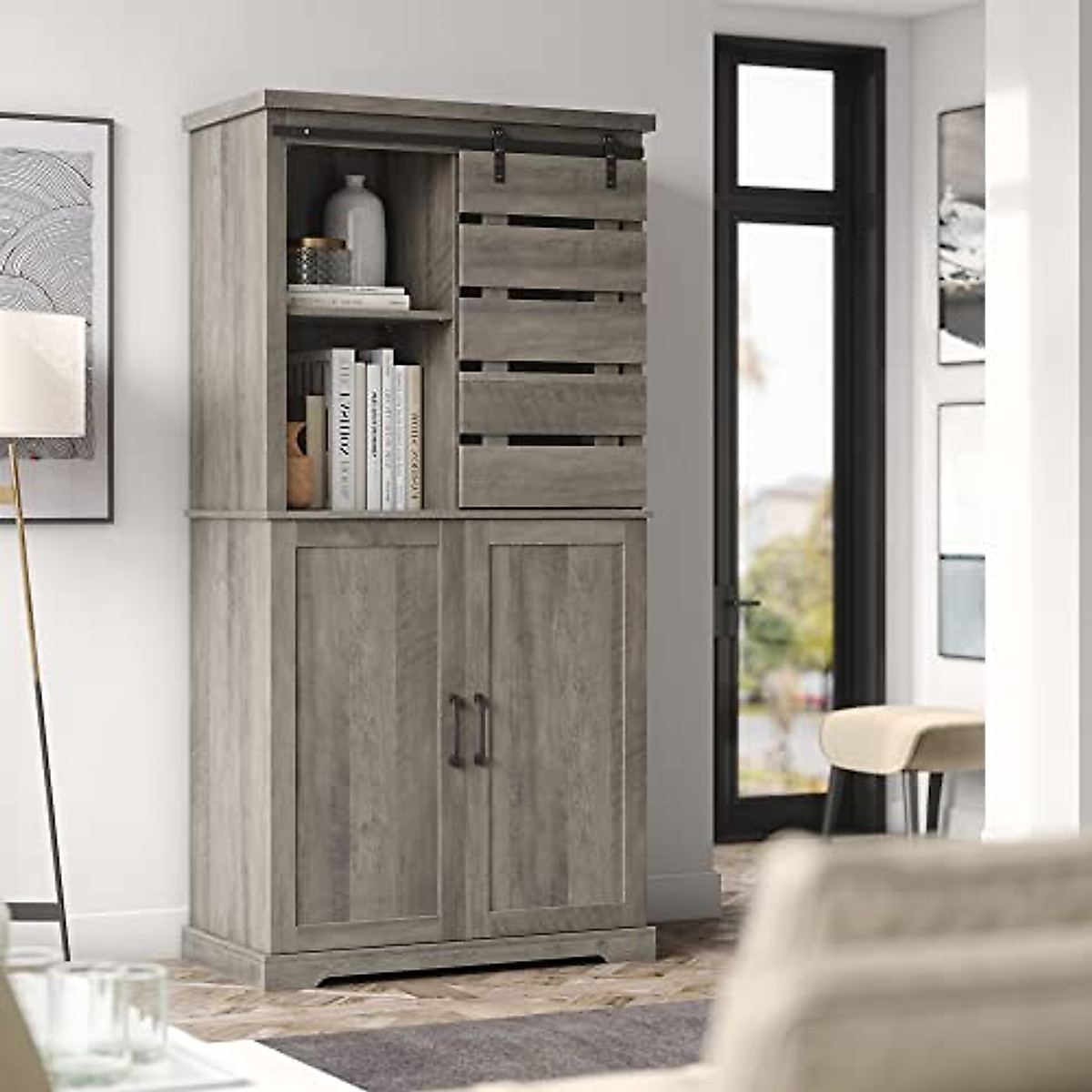HOSTACK Tall Farmhouse Storage Cabinet, Sliding Barn Door Kitchen Cabinet with Adjustable Shelves, Freestanding Bookcase Buffet Cabinet for Kitchen, Dining Room, Living Room, Home Office, Ash Grey