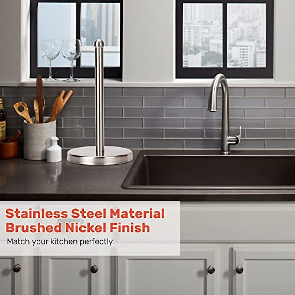 Heavy Weighted Paper Towel Holder, Easy One-Handed Design for Kitchen Stand Paper Towel Dispenser, Sturdy Base for Standard Paper Towel Rolls and Mega Paper Towel Roll (Brushed - Stainless Steel Base)