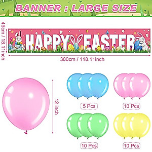 36 Pcs Happy Easter Banner and Balloons Decorations Set Large Fabric Happy Easter Yard Sign Banner Outdoor Spring Easter Themed Party Banner 35 Pcs Latex Balloons for Home Party Decoration 18 x 118 ft