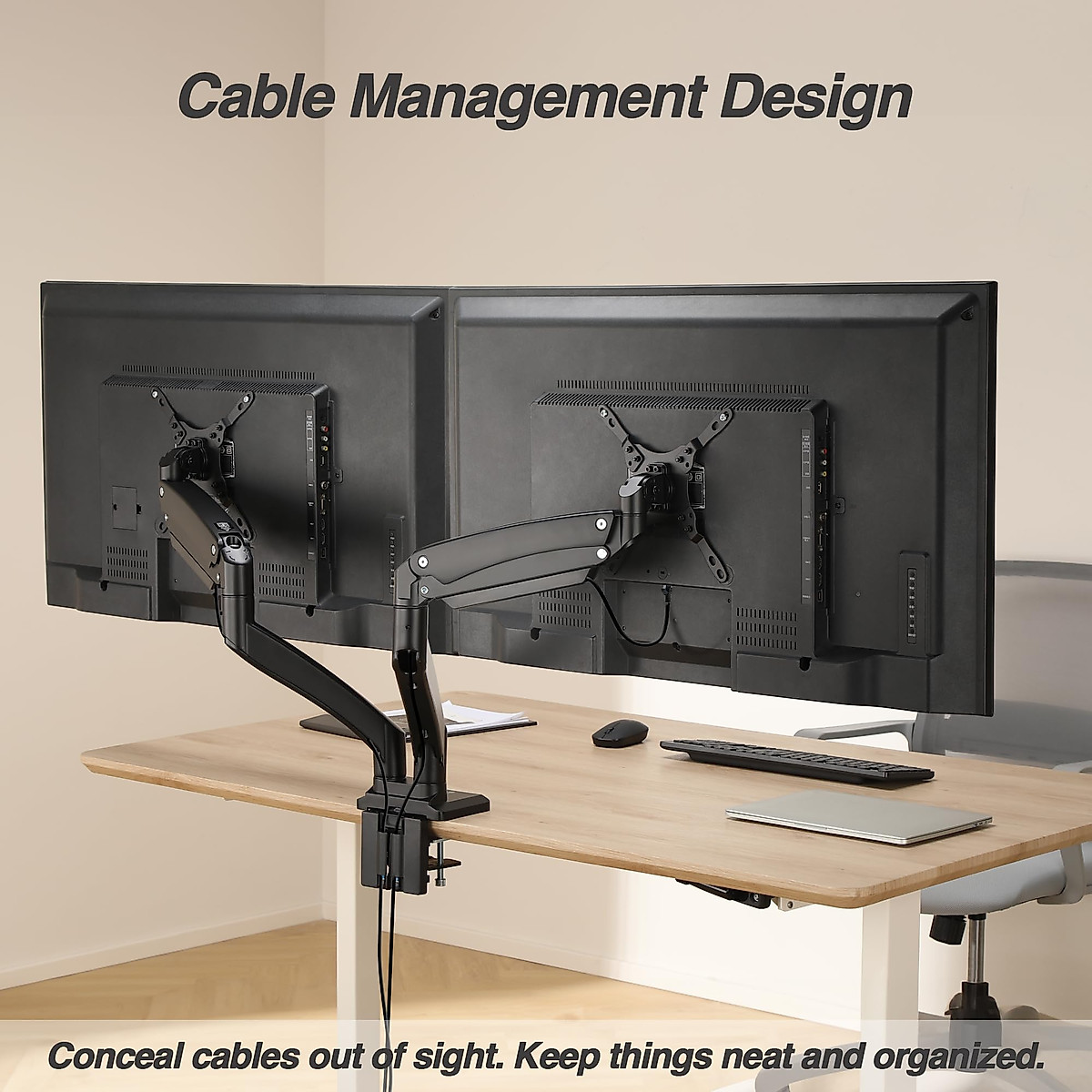 AVLT Dual 13"-43" Monitor Arm Desk Mount fits Two Flat/Curved Monitor Full Motion Height Swivel Tilt Rotation Adjustable Monitor Arm - Black/VESA/C-Clamp/Grommet/Cable Management