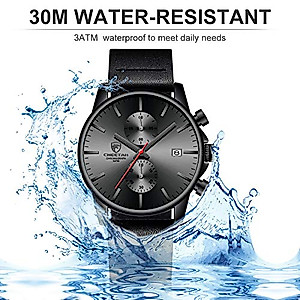 GOLDEN HOUR Men's Fashion Sport Quartz Watches with Black Leather Strap Waterproof Chronograph Watch, Auto Date in Red Hands