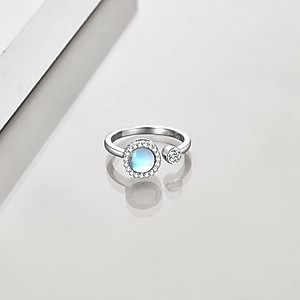 TIGER RIDER Anxiety Spinner Moonstone 925 Sterling Silver Ring for Women, Crystal October Birthstone Adjustable Ring, Anxiety Relief Rings for Girls, Graduation Gifts