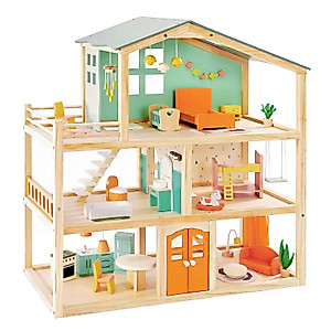 Large Pink Wooden Dollhouse with Furniture for Girls, 6 Rooms 2.6ft High with Elevator,Doorbell, Light,15 Pcs Furniture & 3 Dolls, Kids Playhouse Toy for Girls 3-7+, 31.5" x 25" x 12.2"