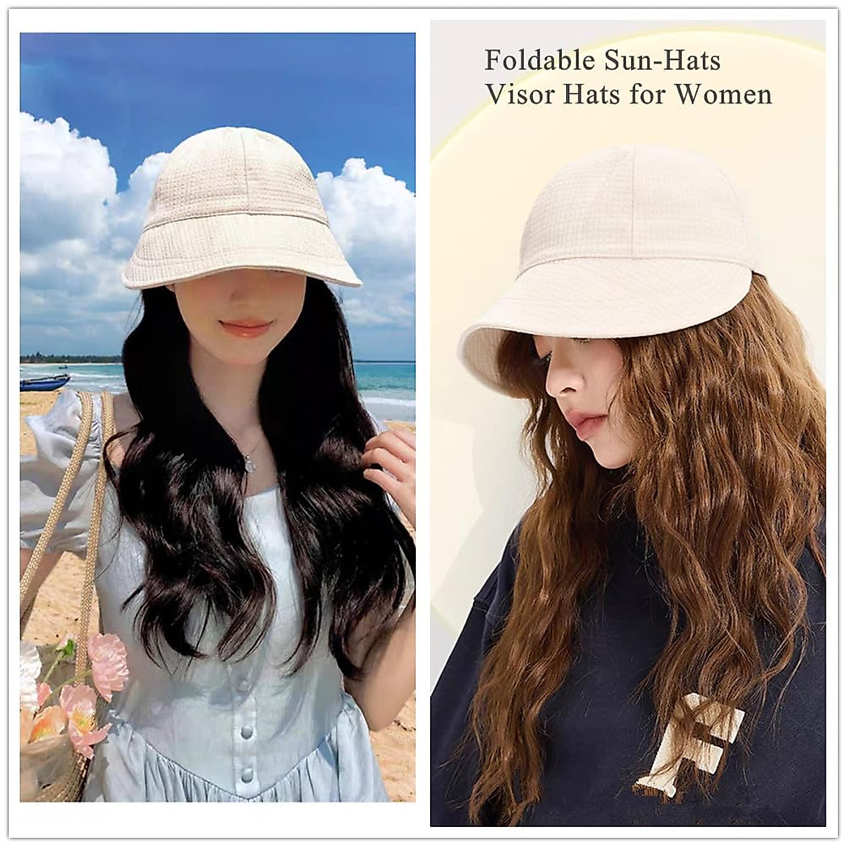 2024 New Womens Sun Hats Women's Outdoor UV-Protection-Foldable Beach Hats,Wide Brim Summer Fisherman's Caps UPF 50+ Beige