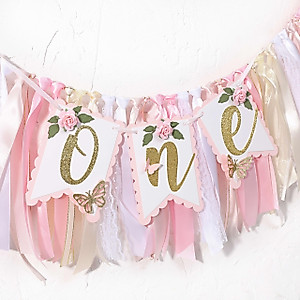 Pink and Gold High Chair Banner- Floral and Butterfly One Highchair Banner, 1st Birthday Party Decoration for Girls, Pink 1st Birthday Decor