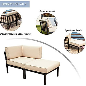 LOKATSE HOME 2 Piece Patio Furniture Set Sectional Balcony Corner Outdoor Loveseat Couch Armchiar Sofa with Ottoman Metal Steel Frame, Khaki