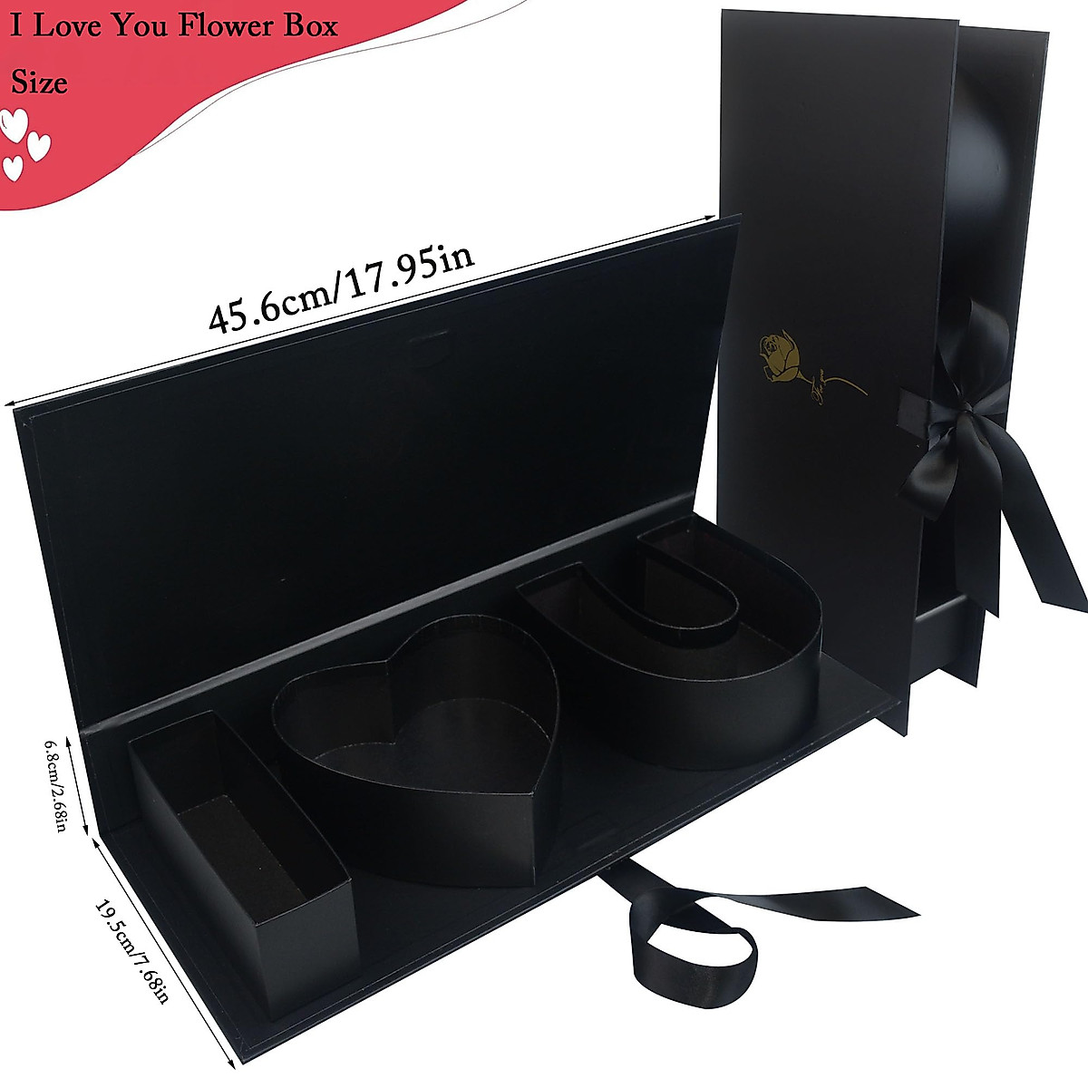Valentines Day Flower Gift Box: "i Heart U" Letter Large Flower Boxes with Ribbon for Christmas, Wedding Party, Mothers Birthday Love Favors, Bridal Shower Chocolate Packaging, Rose Bouquet Present (black)