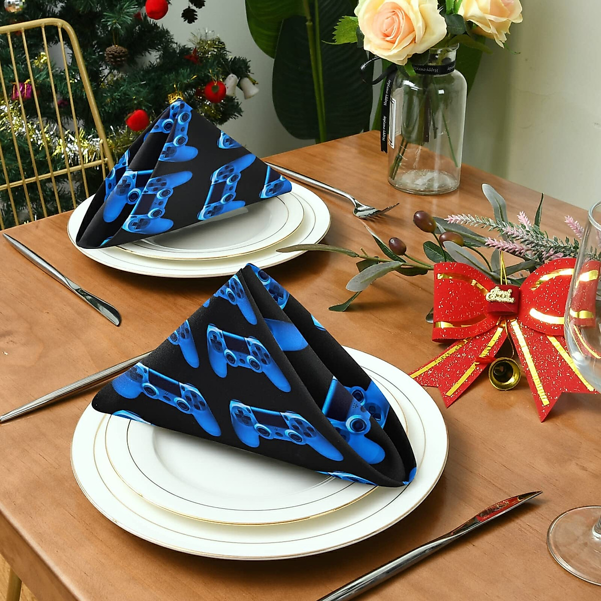 Oyihfvs Video Game Joystick Gamepad in Blue Neon Lights Isolated on Black Cloth Napkin Set of 1,Dinner Napkins Reusable Table Napkin Washable Polyester Fabric for Cocktail Party Holiday Wedding Home