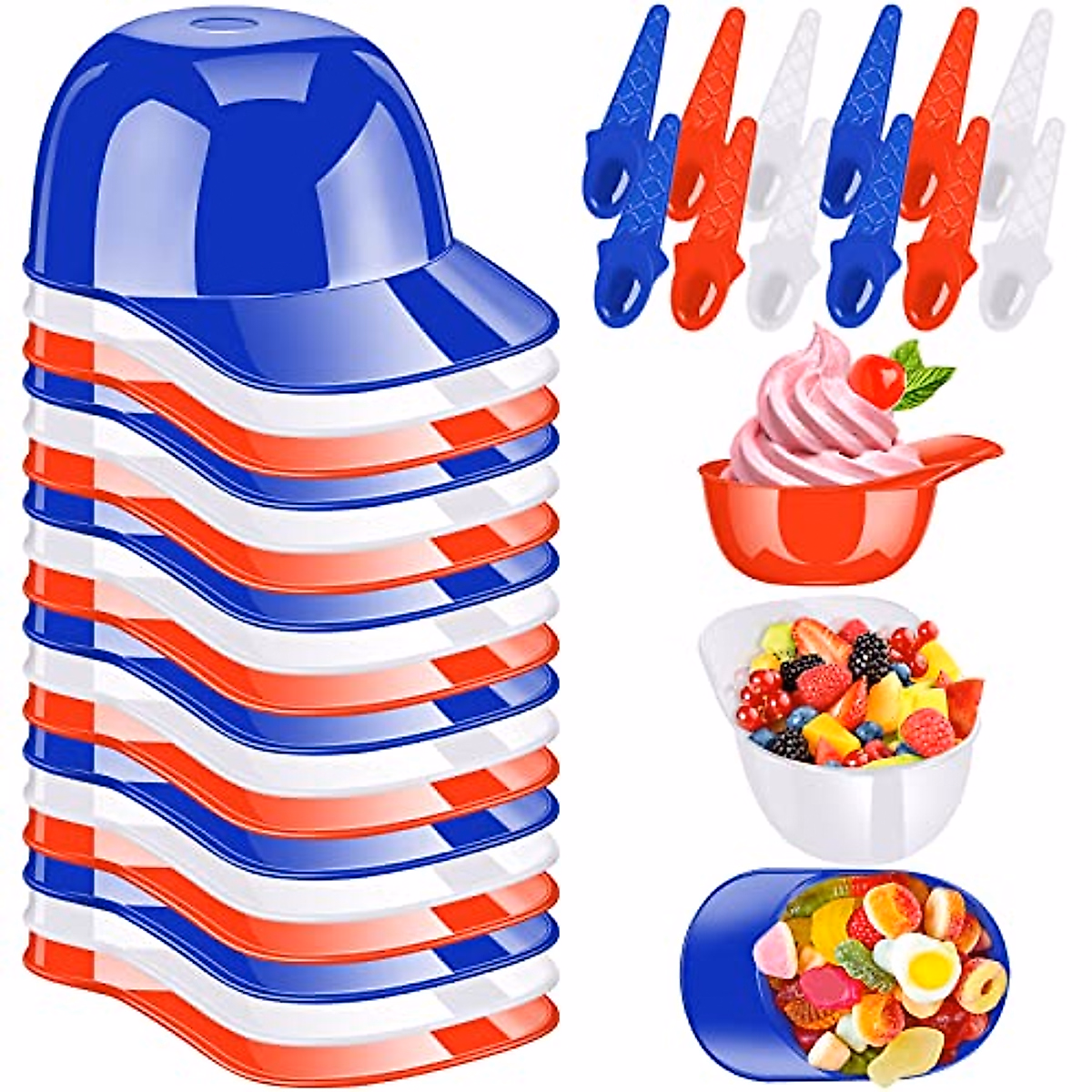 FJZZ 48 Pack Baseball Helmet Ice Cream Bowls with Spoons 8oz Mini Dessert Cups Sundae Bowls Parfait Cups Appetizer Cups, Reusable Serving Baseball Cup Bowls for Birthday Party