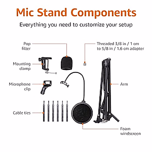 Amazon Basics Heavy-Duty Microphone Desk Arm Stand All-in-One Kit, with Adjustable Boom, Pop Filter, and Windscreen, for Blue Yeti, Snowball, Shure, Audio-Technica, and other Mics - 14 inch