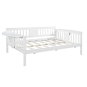 UBGO Full Daybed, Wood Size Sofa Bed with 2 Folding Tables, Children's Cot, Bedroom Living Room Furniture, Wooden Slat Support, Box Required, White C