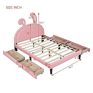 HBRR Wooden Bed Frame Full Size with 4 Storage Drawers and Bunny Ears Headboard, Upholstered Platform Bed with Storage for Kids Teens Boys & Girls, No Box Spring Needed, Pink