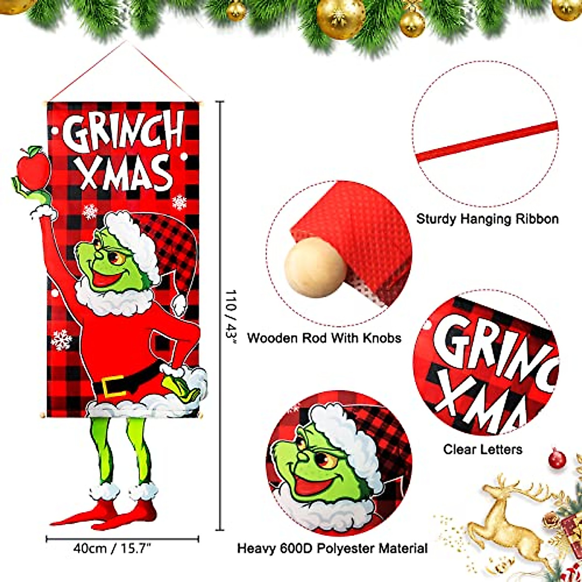 Christmas Decorations-Hanging Xmas Ornaments,Buffalo Plaid Christmas Door Decorations 4PCS,Xmas Banner Flag Sign for Porch Window Wall Mantle Party Yard,45x18IN