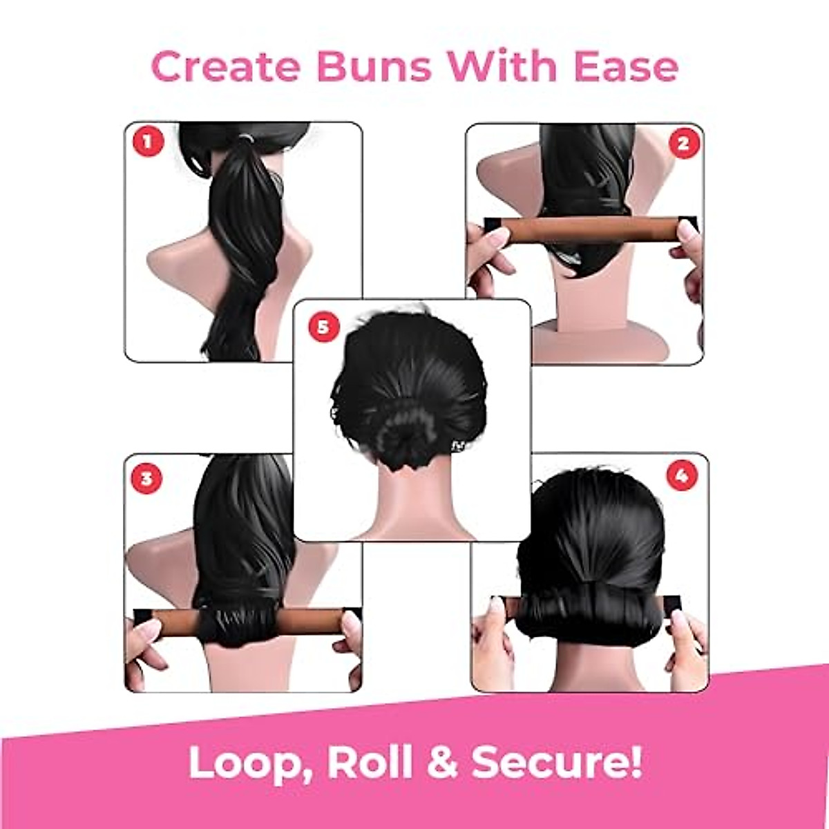 Hawwwy 3 Piece Hair Bun Maker - Easy Hair Bun Roller and Bun Donut for Quick Updos - Snap-and-Roll Bun Hair Tool - Perfect Bun Tool for Kids, French Twist, and Hair Updo Tool - 3 Pack Brown