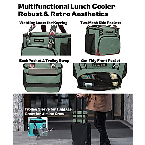 SUNNY BIRD 12L Large Insulated Lunch Bag, Foldable Lunch Cooler Box for Women Adult and Men, Fits 18 Cans (Green with boho strap)