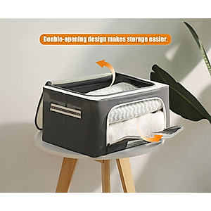 Furnhome Clothes Storage Organizer Bins, Stackable Storage Bins-Foldable Oxford Cloth Steel Frame Storage Box for Clothing Storage with Clear Window & Reinforced Handles (Dark Grey, 22L, 3PCS)