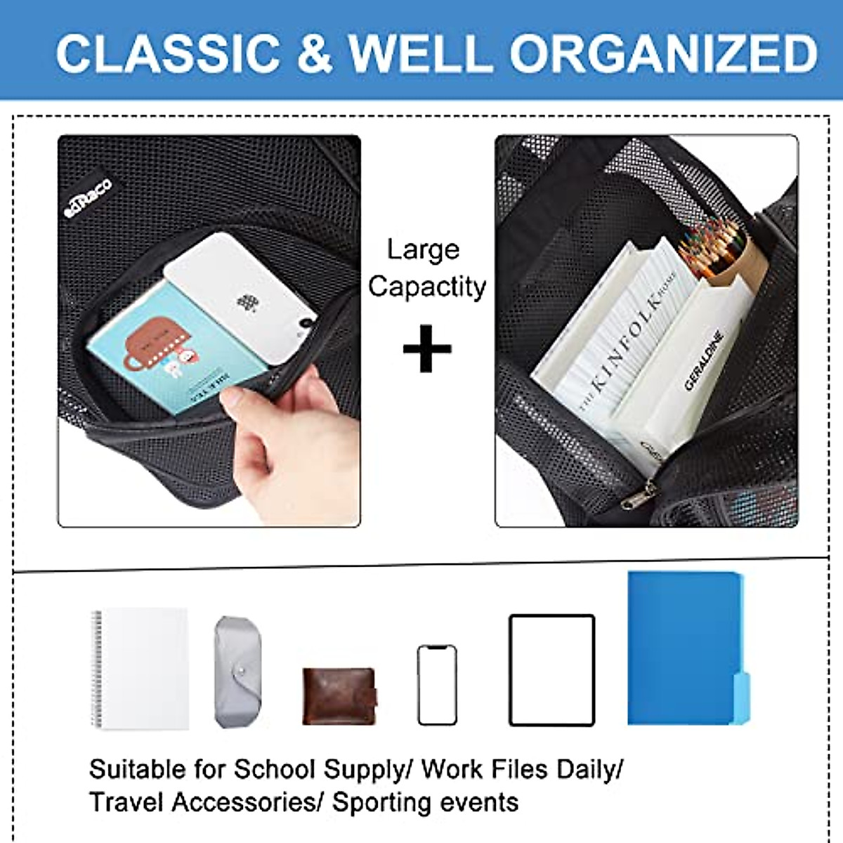 Edraco Heavy Duty Mesh Backpack, Mesh Backpack for School, Sport, Travel, Beach, Semi-transparent Mesh Bag with Padded Straps