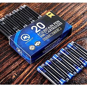 Black & Blue Ink Cartridges for Fountain Pens. Big Pack of 20 Short International Standard Size Cartridges. Perfect for Calligraphy Pen. Universal Fine Design with Incredible Long Lasting Color