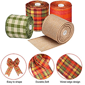 Syhood 4 Rolls Fall Ribbons Wired Thanksgiving Autumn Plaid Burlap Ribbons Wired Edge Ribbons for Wrapping DIY Crafts Floral Bows Wreath Making Supplies Gifts Decoration, 24 Yards in Total, 4 Styles