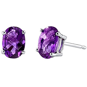 Peora Solid 14K White Gold Amethyst Earrings for Women, Genuine Gemstone Birthstone Solitaire Studs, 7x5mm Oval Shape, 1.50 Carats total, Friction Back