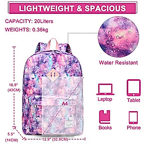 VASCHY Backpack for School, Lightweight Water Resistant Bookbag Casual Daypack for Middle School Teen Girls Pink Galaxy