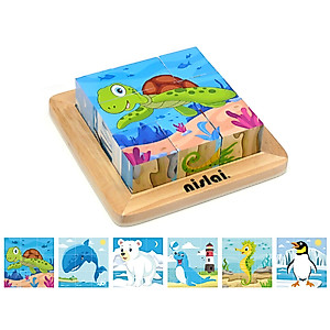 Nislai Wooden Block Puzzle | Wood Puzzle for Kids for 2 3 4 Years | 3D Aquatic Animal Sea Theme Toddler Jigsaw Pegged Puzzle | Montessori Preschool Educational Toy | 17x17cm (6.7"x6.7")