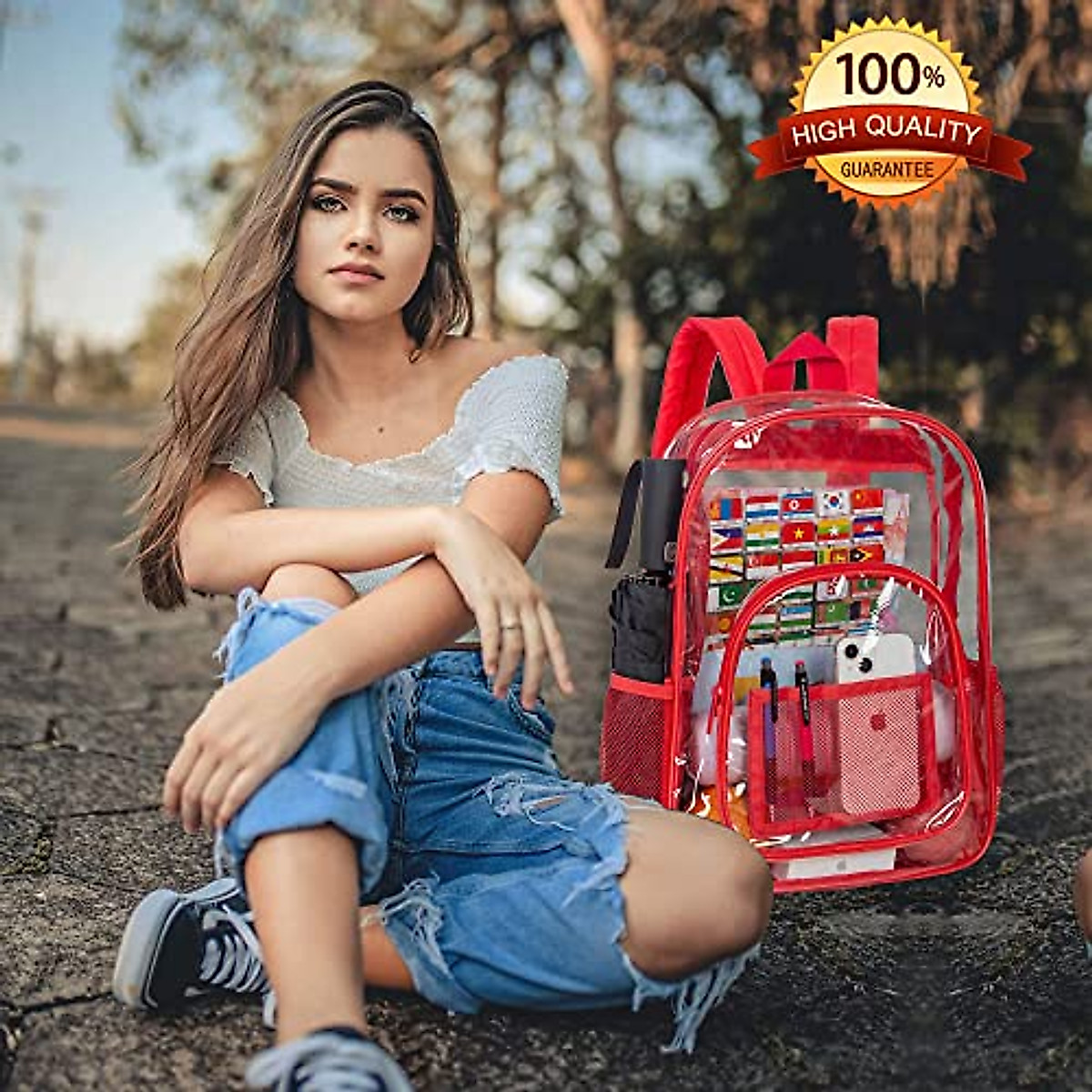 Clear Backpack, Transparent Bookbag Heavy Duty See Through Backpacks for Men - Red