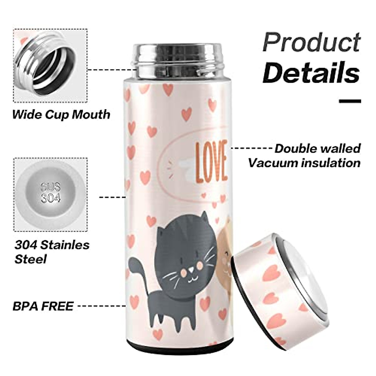 CaTaKu Love Cats Cute Water Bottle Insulated 16 oz Stainless Steel Flask Thermos Bottle for Coffee Water Drink Reusable Wide Mouth Vacuum Travel Mug