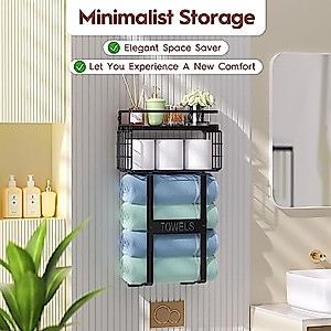 herehomi Floating Shelves for Wall, 2 in 1 Floating Shelves with Towel Racks for Bathroom, Bathroom Shelf Wall Shelf Towel Rack, Bathroom Towel Holder Bathroom Shelf Organizer Wall Mounted, Black