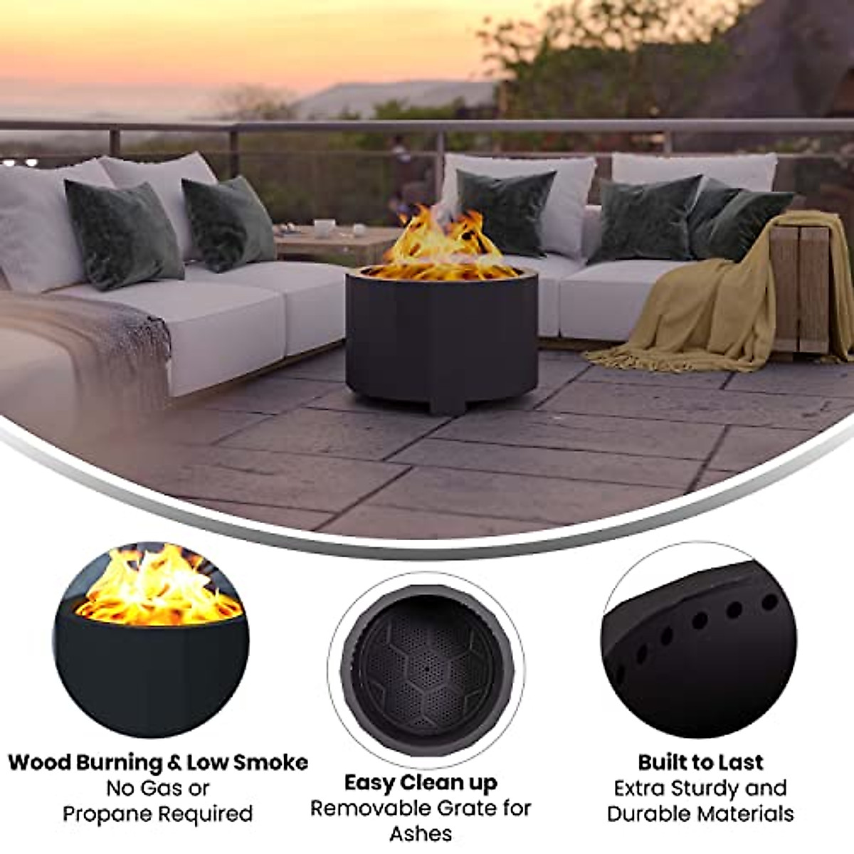 Flash Furniture Titus Commercial Grade Wood Burning Smokeless Outdoor Firepit - Black Finish - 27 inches - Portable - Waterproof Cover