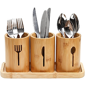 Lyellfe Silverware Holder, Bamboo Utensil Organizer with Tray, Rustic Farmhouse Kitchen Cutlery Flatware Holder Organizer for Spoons, Knives and Forks, Ideal for Kitchen and Restaurant