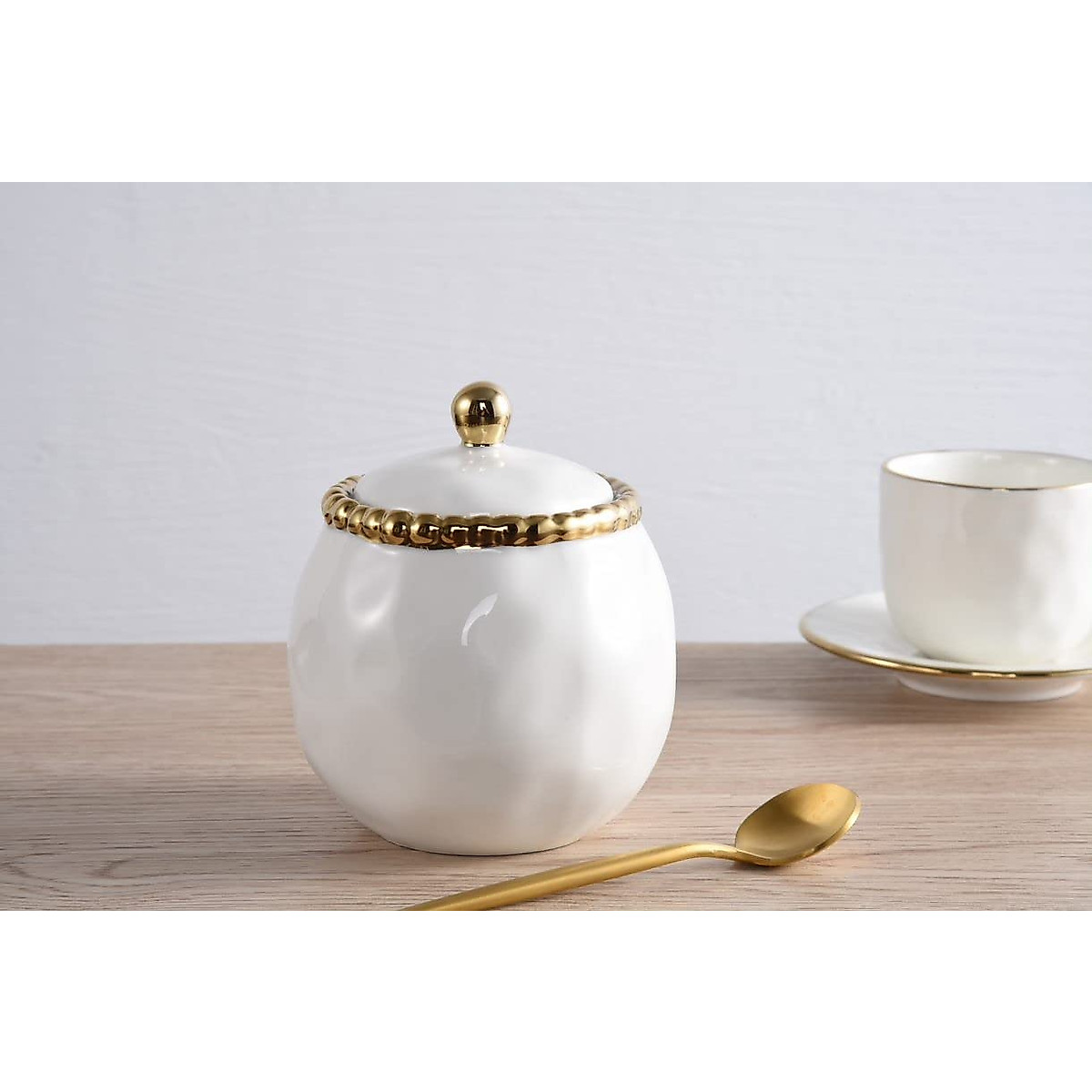 Pampa Bay Golden Salerno Porcelain Covered Sugar Bowl with Beaded Trim, White/Gold