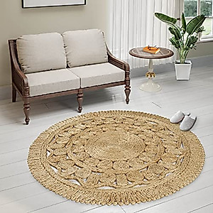 GRUHUM Handwoven Jute Area Rug- 4ft Round-Natural Fiber Boho Soft Braided Rustic Vintage Beige Reversible EcoFriendly Rugs- Farmhouse Indoor EcoFriendly Kitchen Bedroom Living Room Hallways 4'ftRound