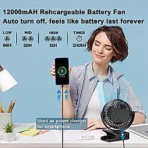 Portable Fan with Remote Control & Timer & LED Lights, 60hrs 12000mAh USB Rechargeable Battery Fan Could Clamp/Hanging/Stand Up, Small Clip on Fan for Baby Stroller, Bed, Desk, Camping Tent, Trave