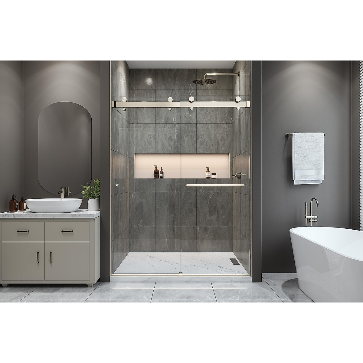 Eurotech Showers VITRA-200 56.5-60" W x 78" H Twinglide Frameless Shower Door w/ 3/8" Clear Tempered Glass (Brushed Nickel)