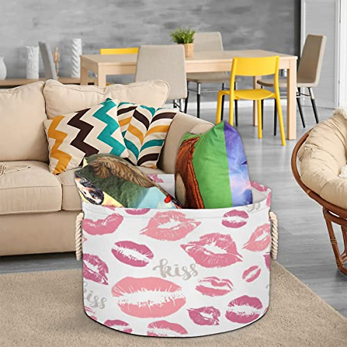 Kiss Print Large Round Baskets for Storage Laundry Baskets with Handles Blanket Storage Basket for Bathroom Shelves Bins for Organizing Nursery Hamper Girl Boy