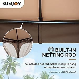 Sunjoy 9.5 ft. x 9.5 ft. Gazebo with 2-Tier Canopy Roof, Steel Frame Soft top Gazebo with Ceiling Hook and Mosquito Netting, Tan and Brown
