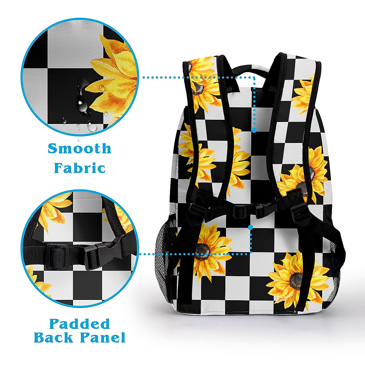 Dacawin Sunflower Floral Backpack Flower School Backpacks Durable Casual Black And White Check Plaid School Bookbag Daypack for Women Girls Kids