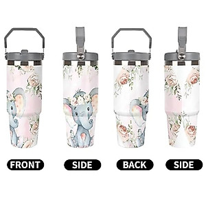 RTFGHJS Cute Elephant_80395810 30 Oz Tumbler with Handle And Flip Straw, Stainless Steel Vacuum Insulated Travel Mug, Thermal Cup for Coffee, Water, Iced Drinks, Fits Car Cup Holders (Home, Sports)