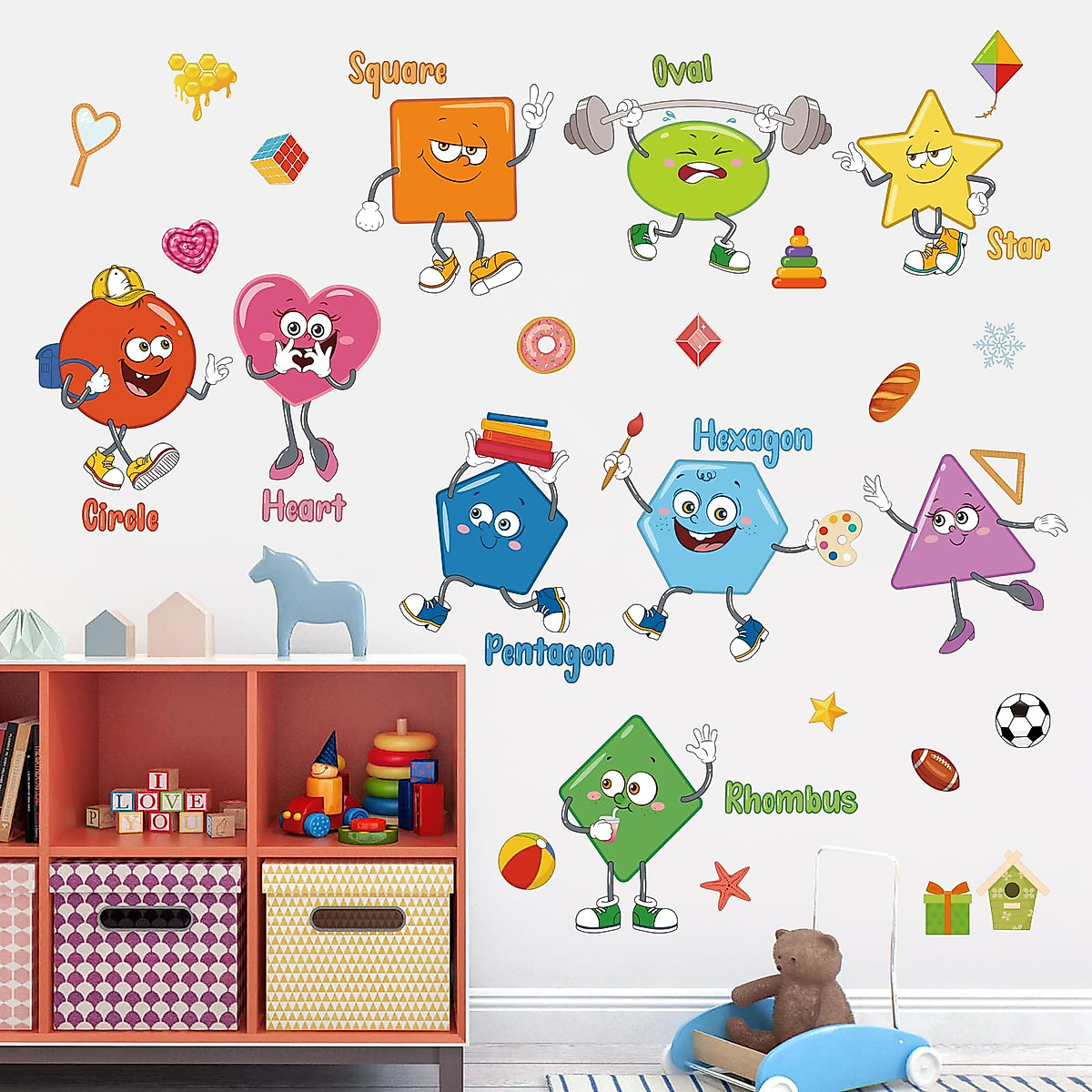 wondever Colorful Shapes Wall Stickers Educational Learning Geometry Peel and Stick Wall Art Decals for Toddlers Kids Room Classroom Playroom